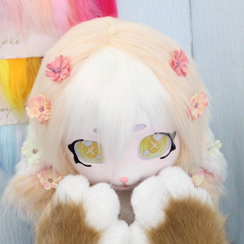 Tea White Bunny Fursuit Head Floral Hair Clips Yellow Anime Eyes Camel ...