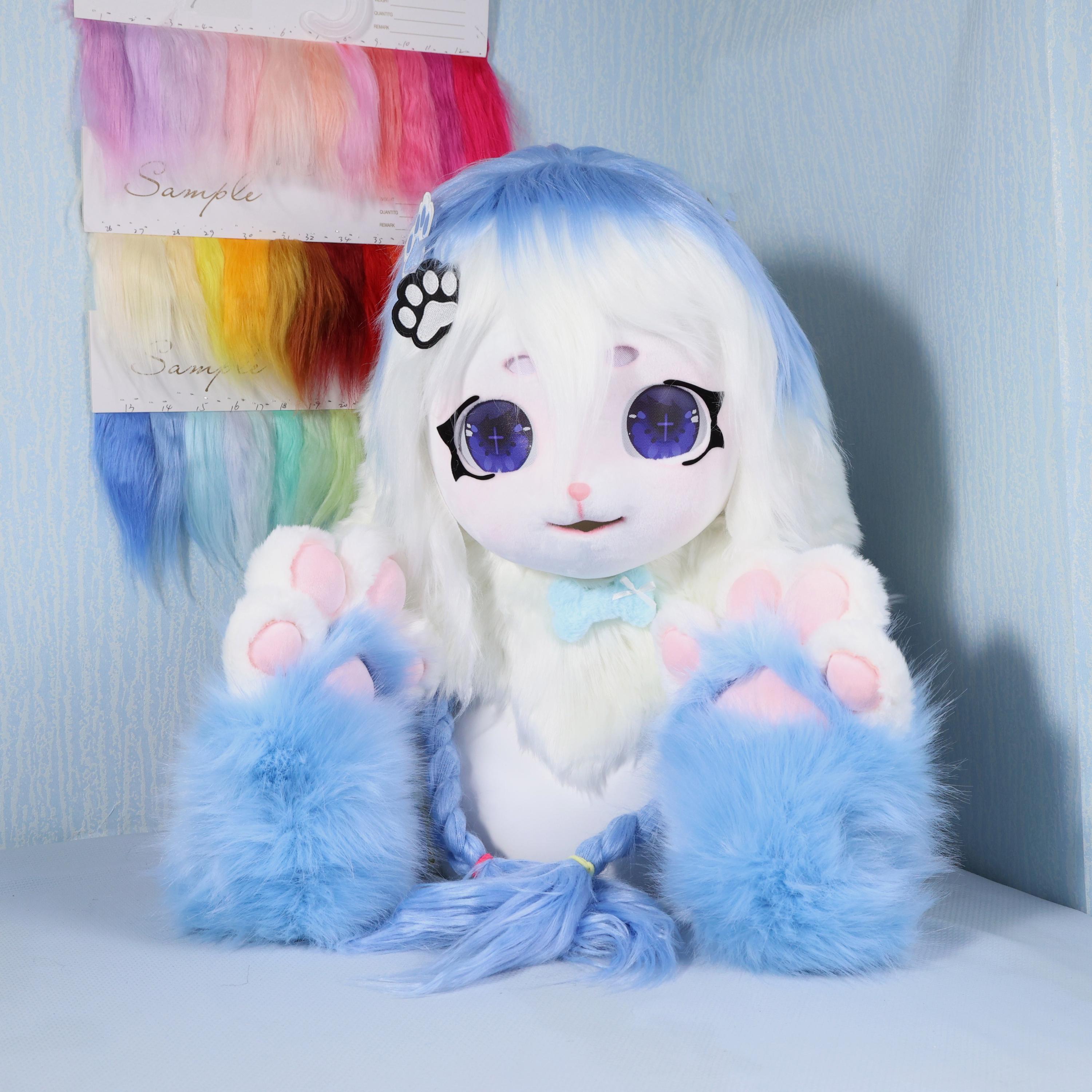 Blue Gradient Lamb Fursuit Set With Cross Pupils Fluffy Paws Braided ...
