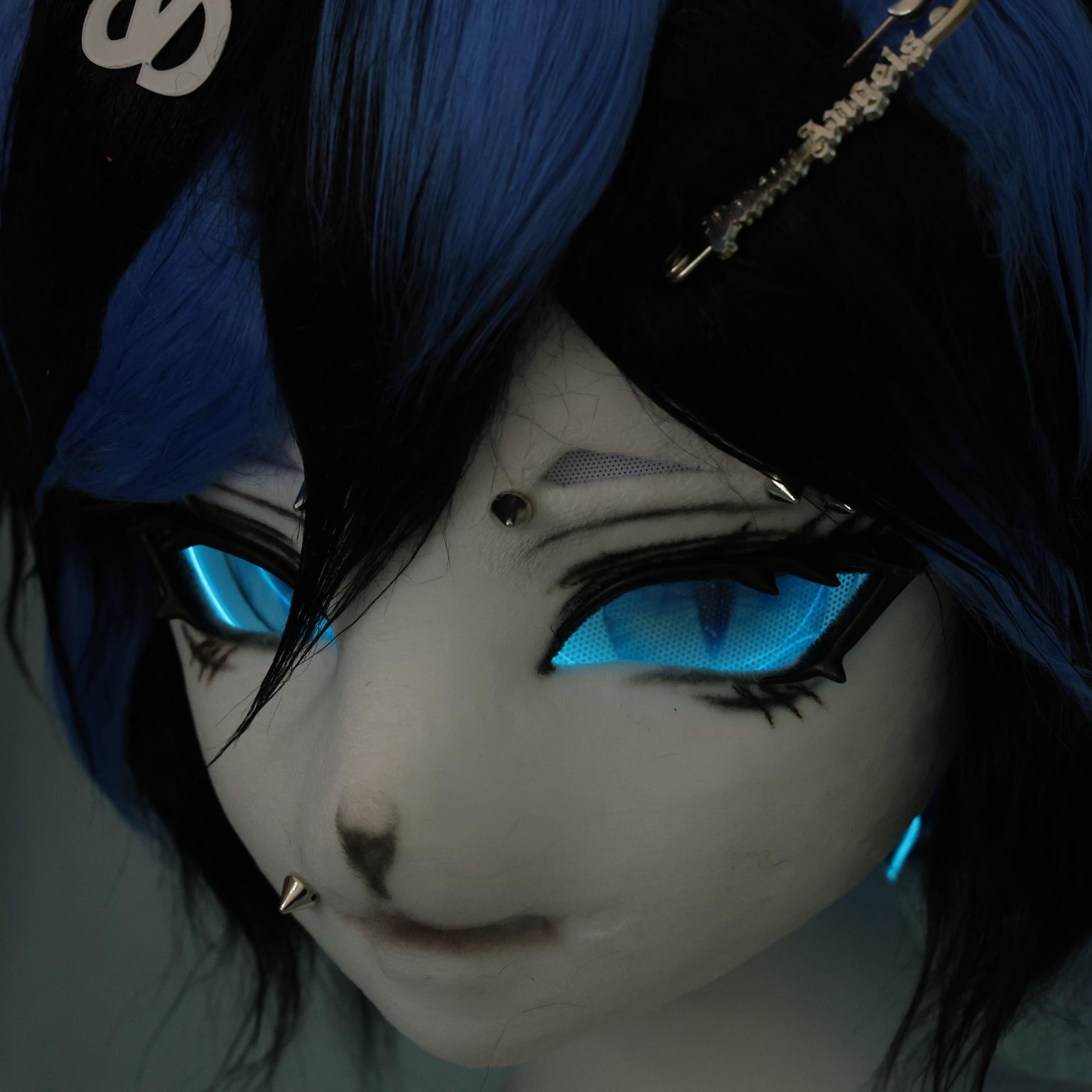 LED Glowing Blue Black Furry Mask Handmade Fursuit Head With Ears and ...