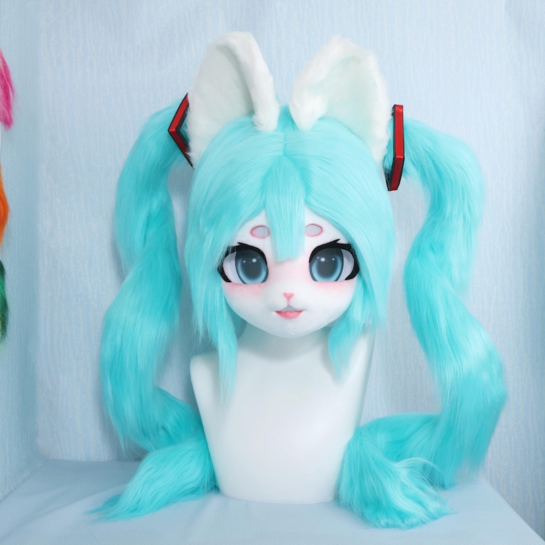 Hatsune Bunny Furry Mask Handmade Kigurumi Cosplay Head Twin Pigtails ...