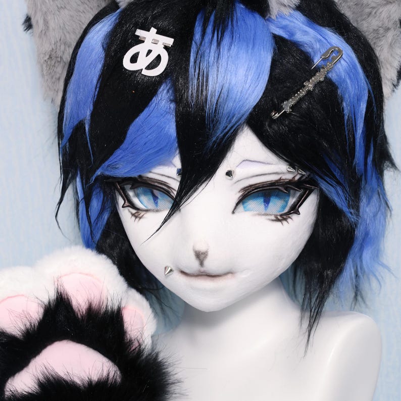 LED Glowing Blue Black Furry Mask Handmade Fursuit Head With Ears and ...