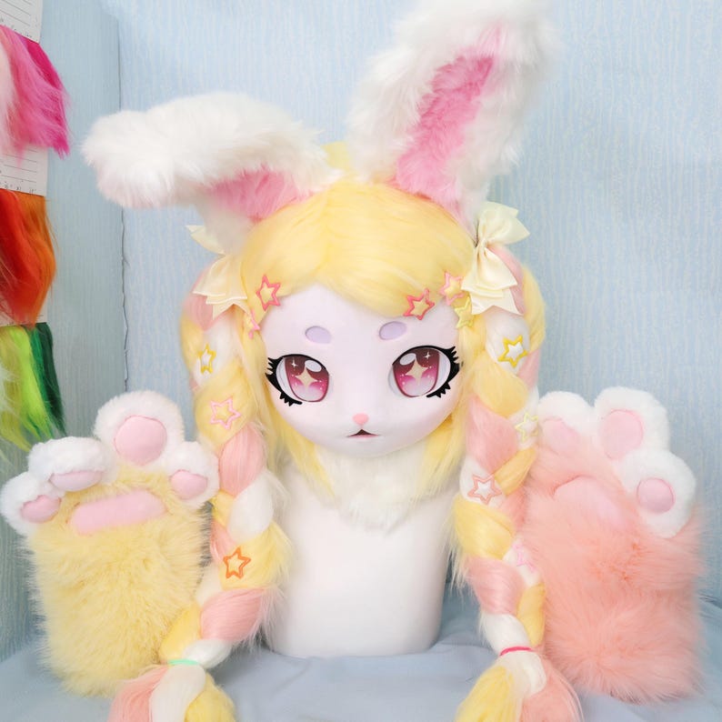 Pastel Bunny Furry Head Sculptable Ears Paw Gloves Sweet Cosplay Mask ...