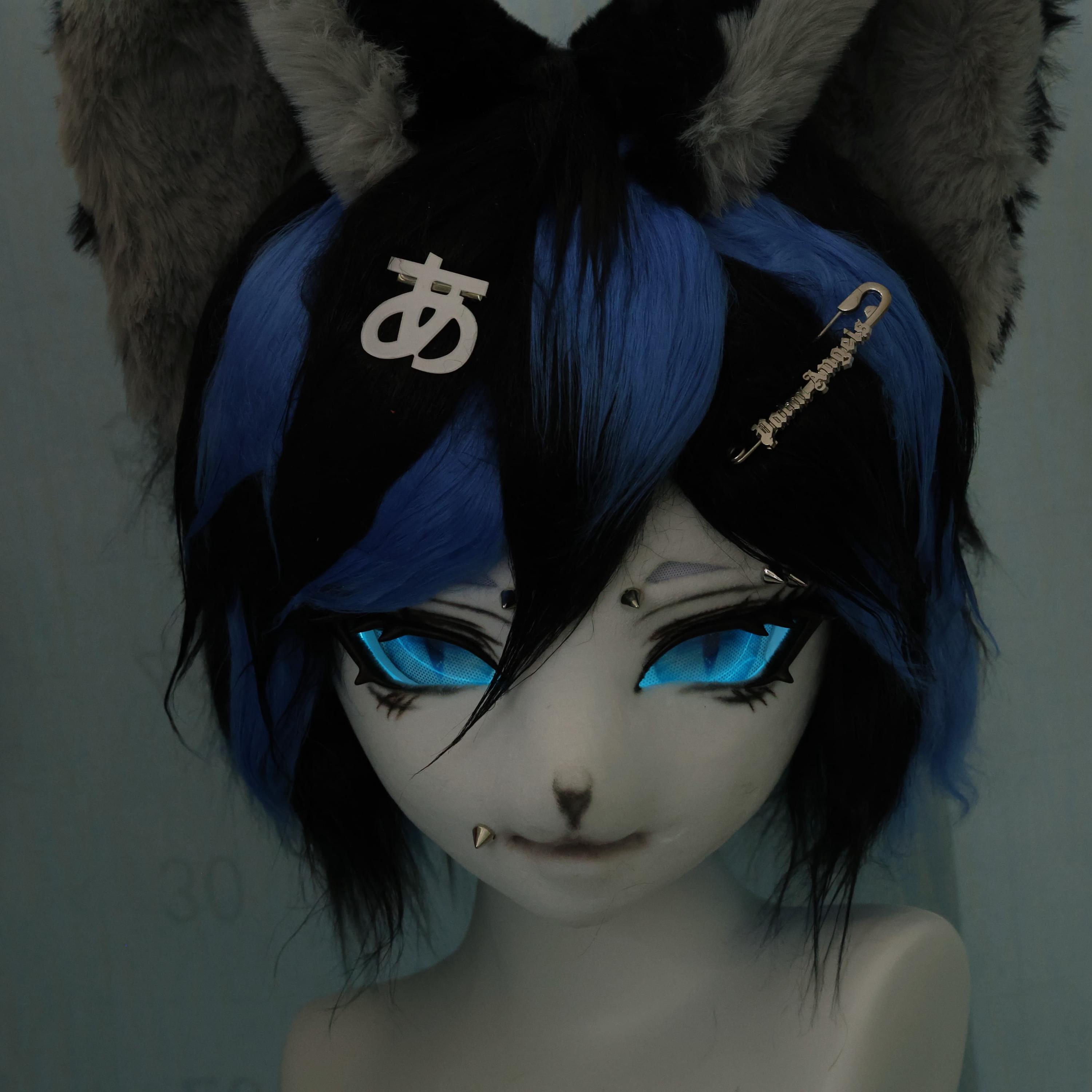 LED Glowing Blue Black Furry Mask Handmade Fursuit Head With Ears and ...