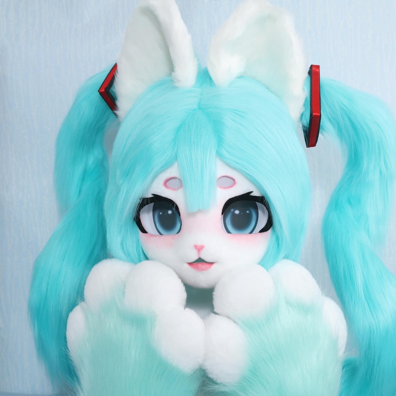Hatsune Bunny Furry Mask Handmade Kigurumi Cosplay Head Twin Pigtails ...