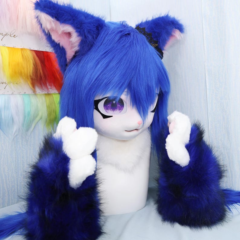 Royal Blue Cat Fursuit Head Long Braids Black Lace Rose Ear Handmade ...