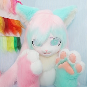 Pastel Pink Mint Furry Fursuit Head Handmade KIG Style Kemono Mask Long ...