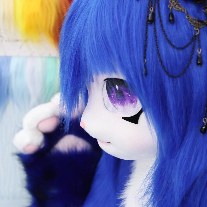 Royal Blue Cat Fursuit Head Long Braids Black Lace Rose Ear Handmade ...