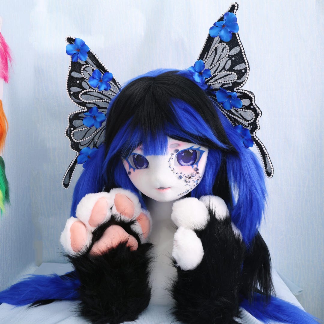 Blue Black Butterfly Fairy Kigurumi Head Handmade Furry Cosplay Mask ...