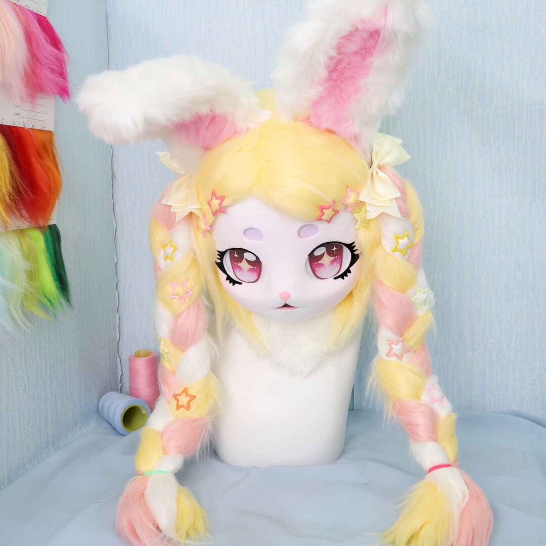 Pastel Bunny Furry Head Sculptable Ears Paw Gloves Sweet Cosplay Mask ...