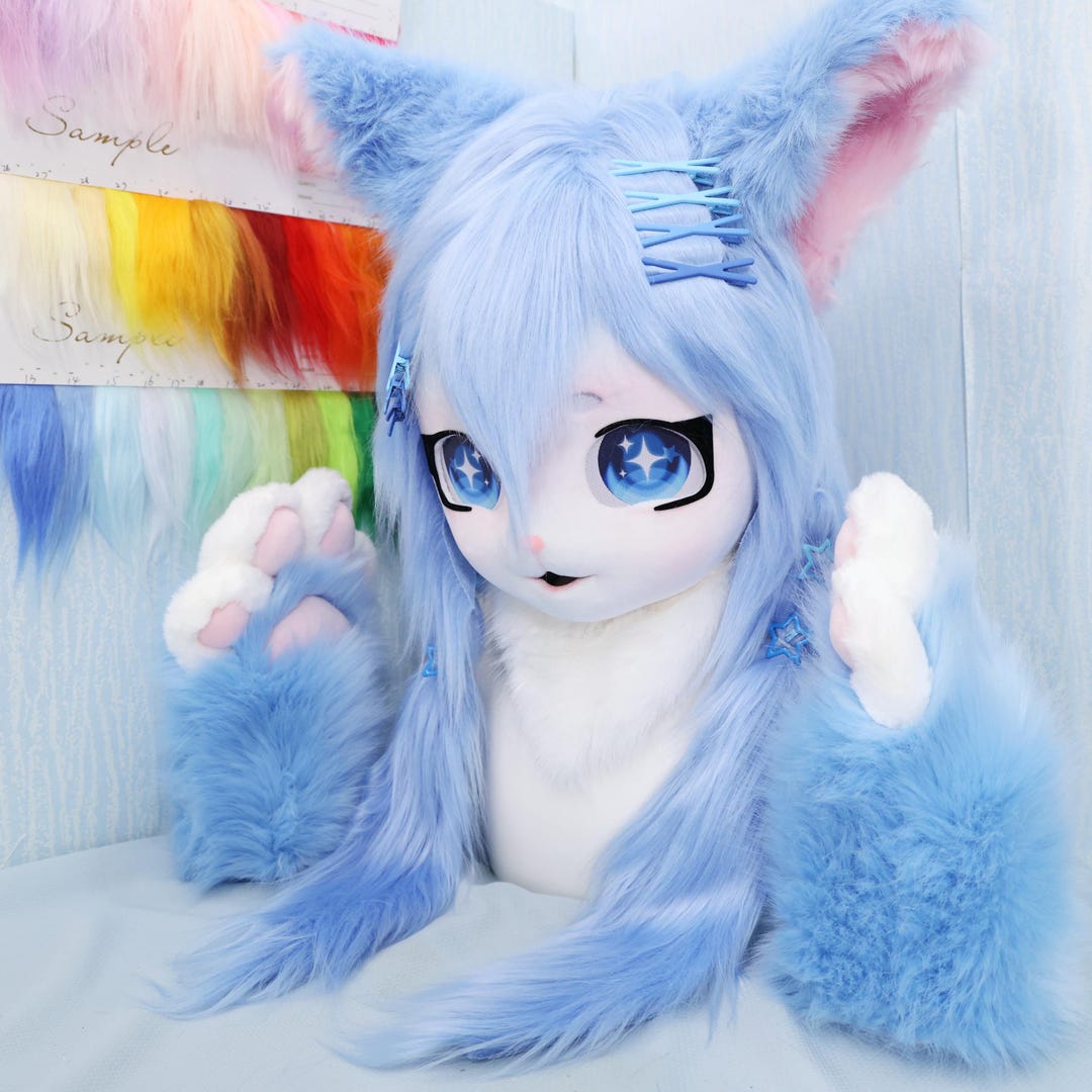 Sky Blue Cat Fursuit Head Long Braids Star Hair Clips Handmade Cosplay ...