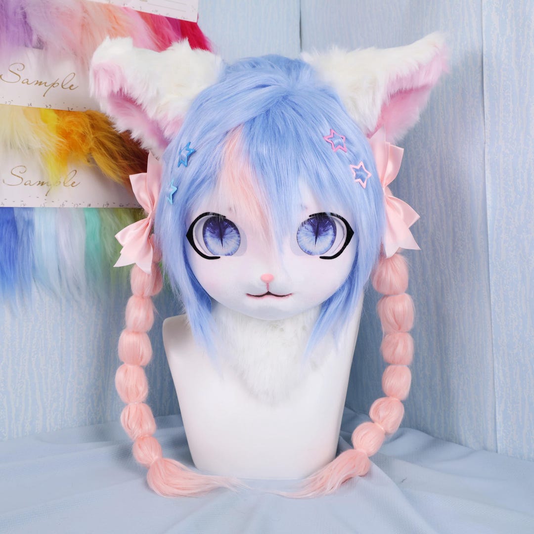 Pastel Blue and Pink Cat Fursuit Head With Matching Paw Handmade Furry ...