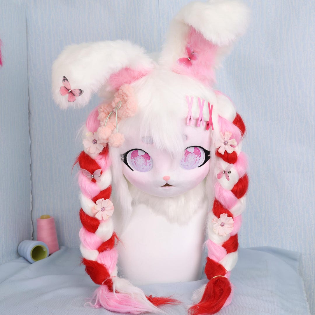 Pink Bunny Kigurumi Mask Long Braided Ears Furry Cosplay Head 3D ...