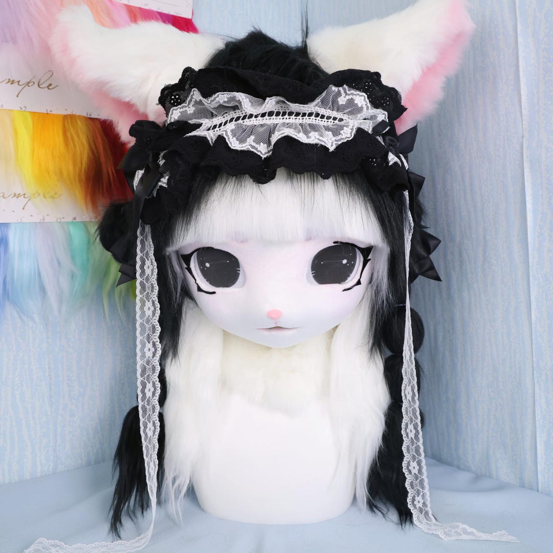 Black White Cat Fursuit Head Gothic Lace Headband Cosplay Lolita Furry ...