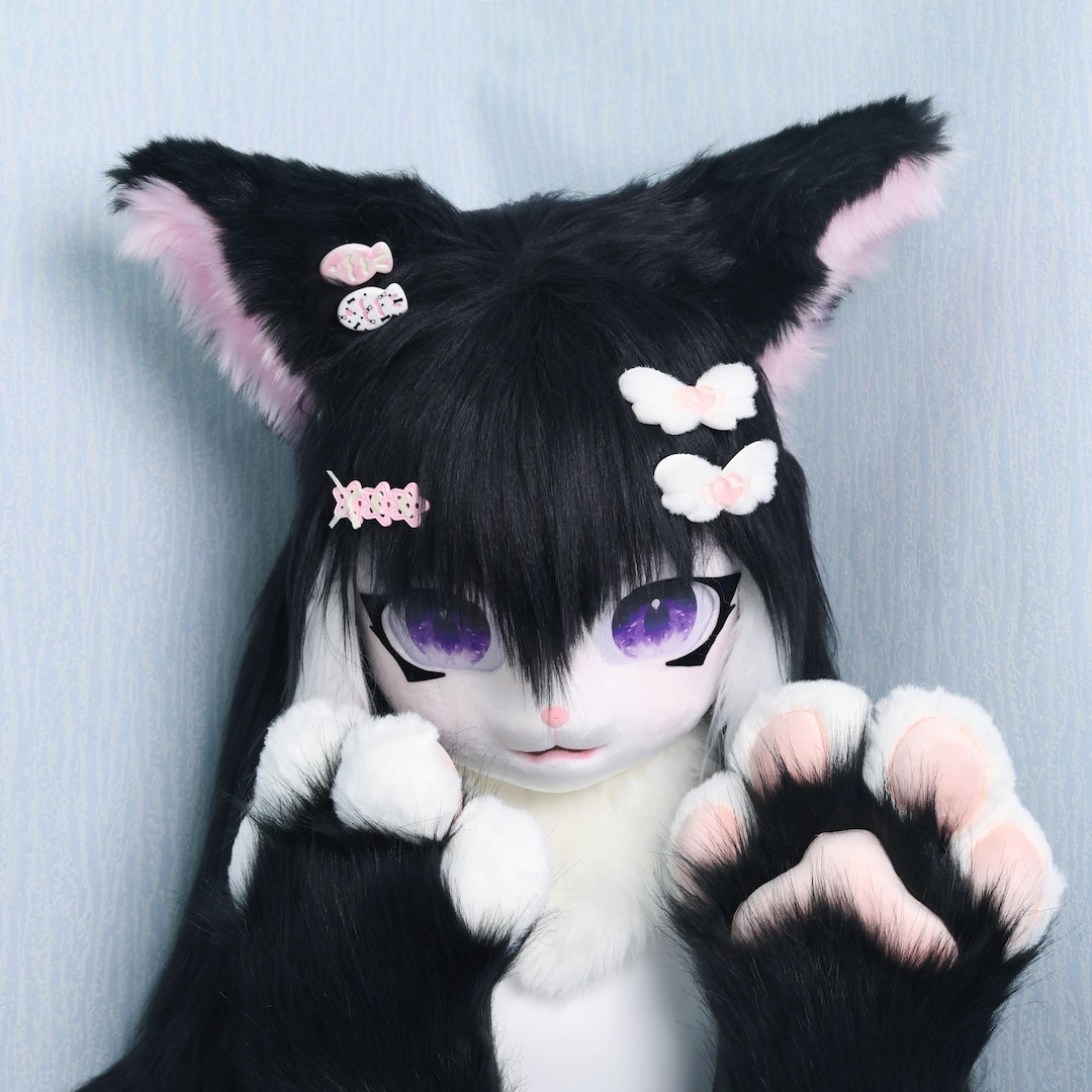 KIG Style Black Fox Fursuit Head With White Bangs and Matching Paws ...