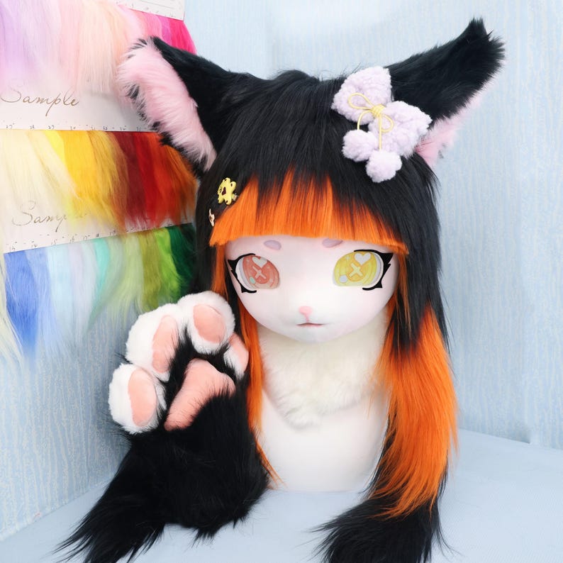 Black Orange Cat Fursuit Head Heterochromatic Eyes Handmade Furry ...