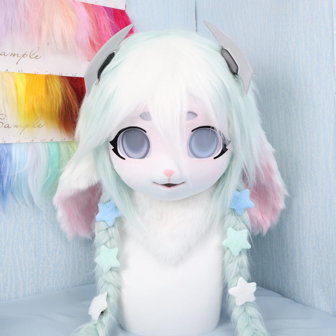 Pastel Bunny Fursuit Head Star Braids Handmade Fluffy Drop Ear Rabbit ...