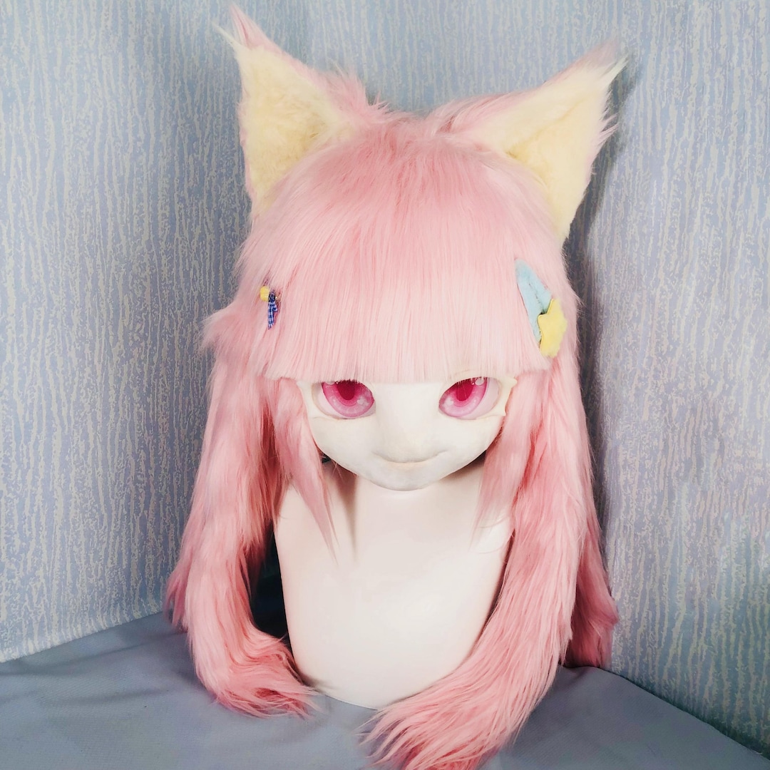 Cute Pink Fox Kemono Mask With Adjustable Head and Matching Paws Fluffy ...