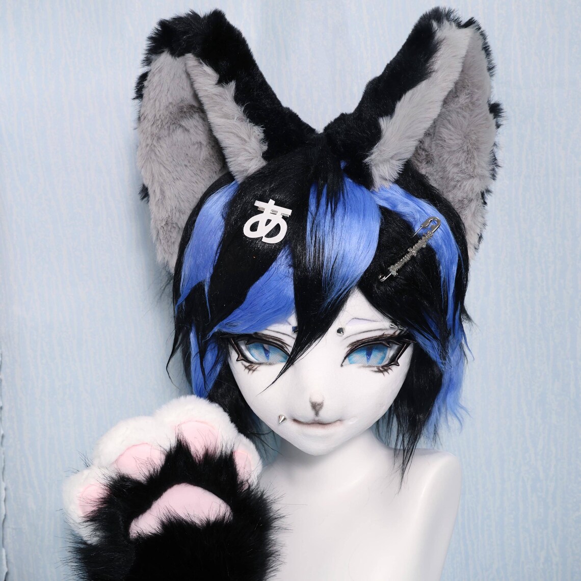 LED Glowing Blue Black Furry Mask Handmade Fursuit Head With Ears and ...