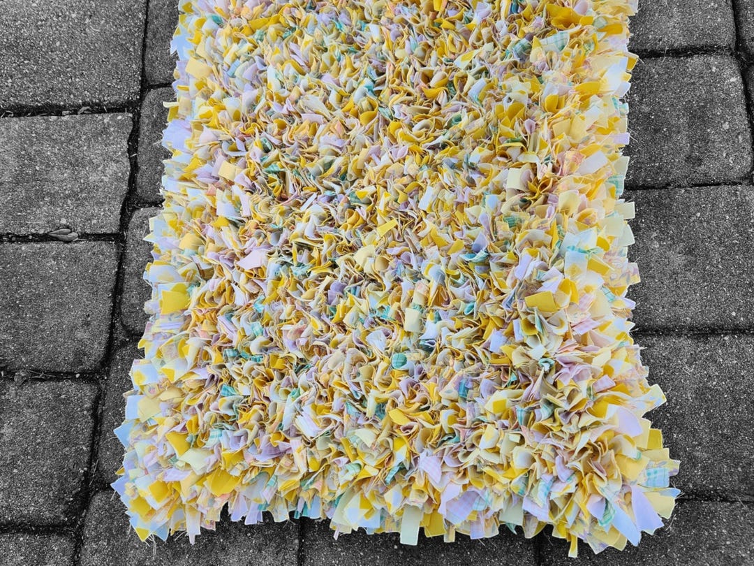Handmade Washable Shag Rag Rug Upcycled Cotton Yellow Pink Cottage Core ...