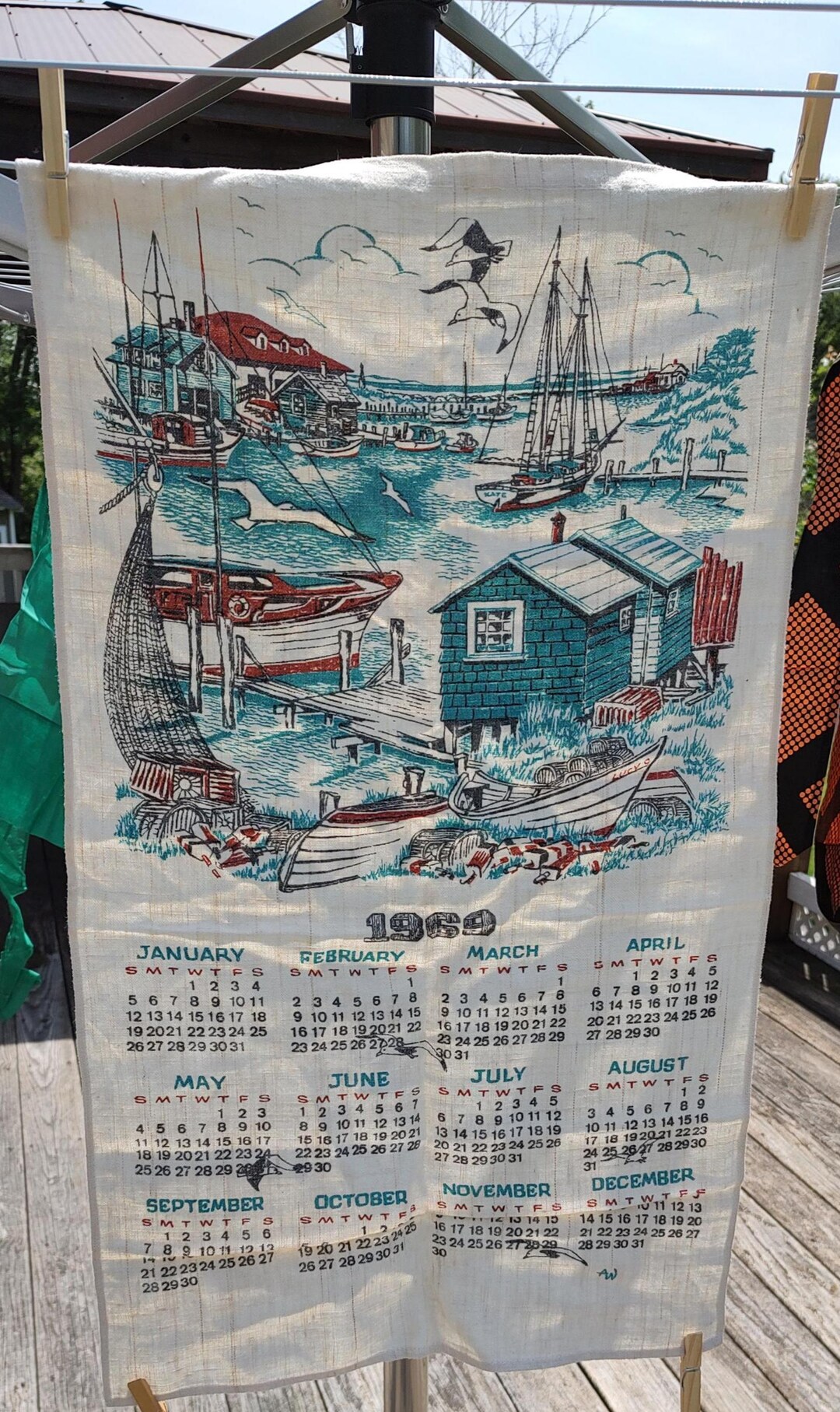 1969 Cloth Calendar Tea Dish Towel Seaside Harbor - Etsy