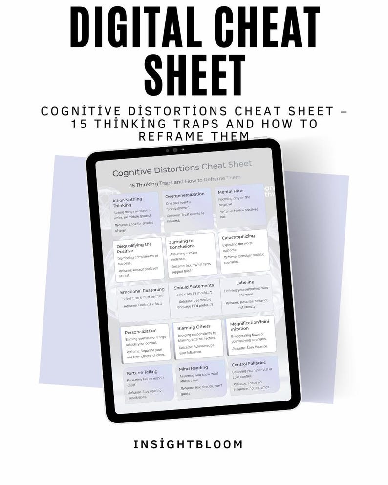 Cognitive Distortions Cheat Sheet: Thinking Traps & Reframes (PDF ...