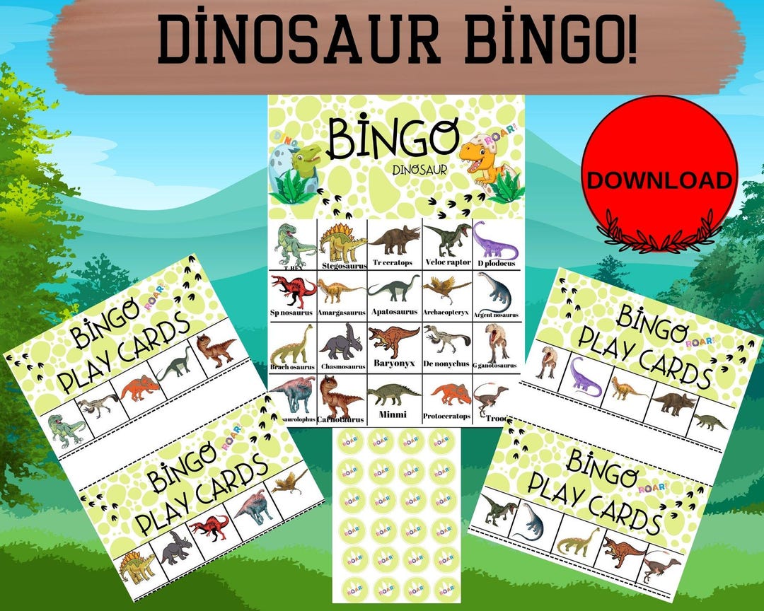 Dinosaur Bingo Game for Kids, Printable Dinosaur Birthday Cards, Dino ...