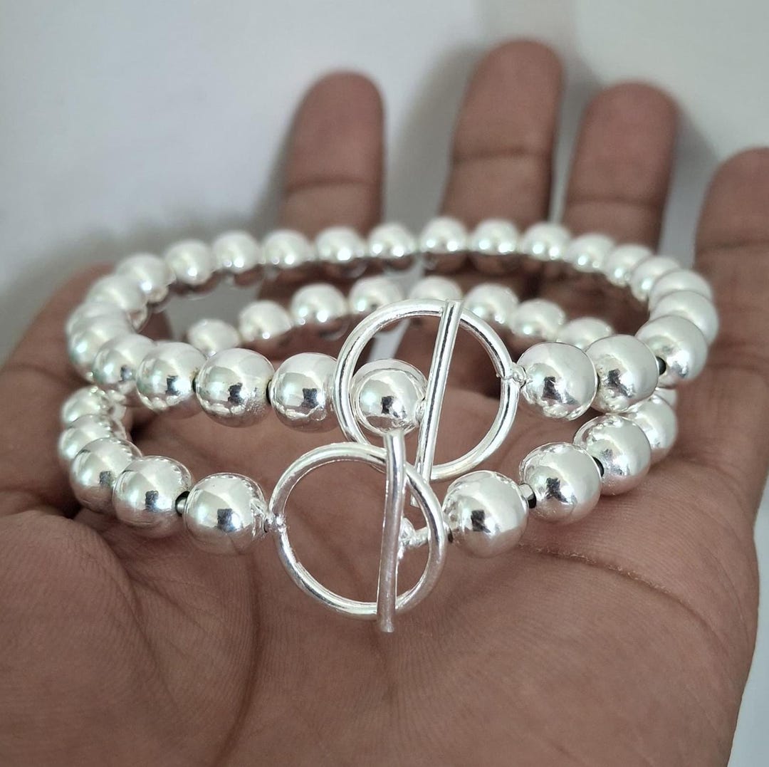 Handmade Sterling Silver Ball Bracelet: Minimalist Toggle Clasp Jewelry ...