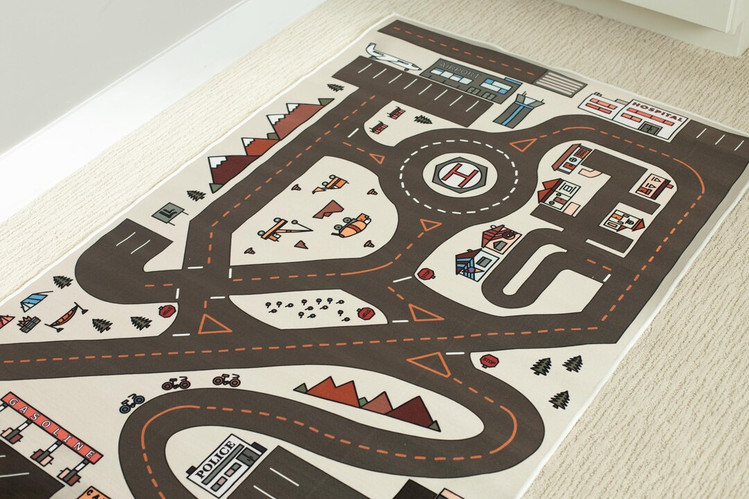 Kids Car Play Mat: Hand-drawn Original Town & Mountain Road Rug (3'x5 ...
