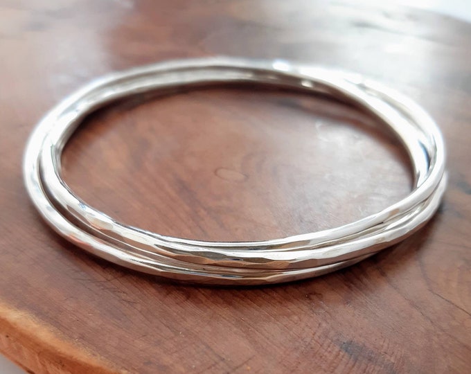 Triple Bangle Sterling Silver - Three Linked Bangles - Handmade Hammered Silver Bangle - Made in ...