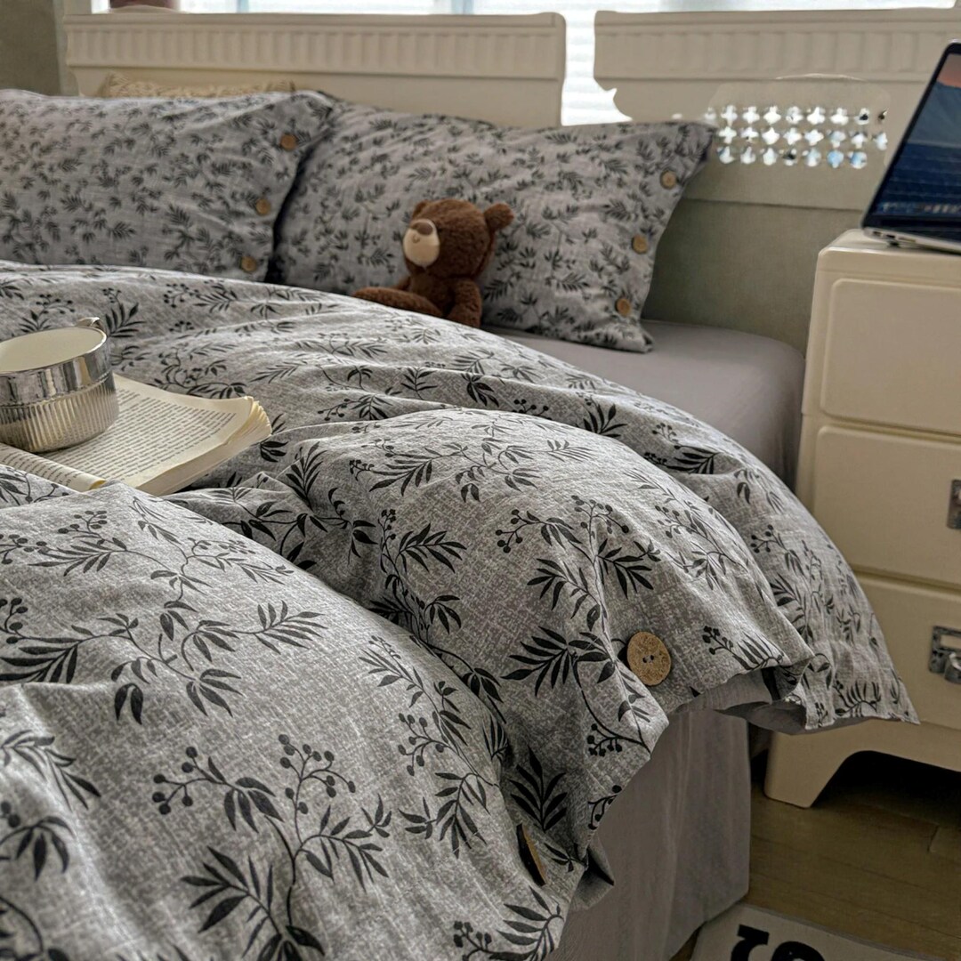Floral Cotton Linen Duvet Cover Set, Retro Button Bedding - Etsy