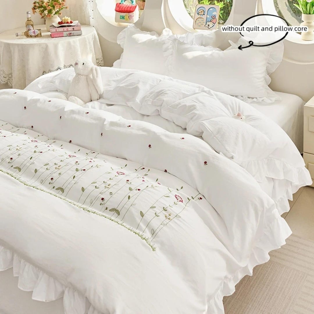 Floral Embroidered Cotton Bedding Set, Ruffle Duvet Cover, Pillowcases ...