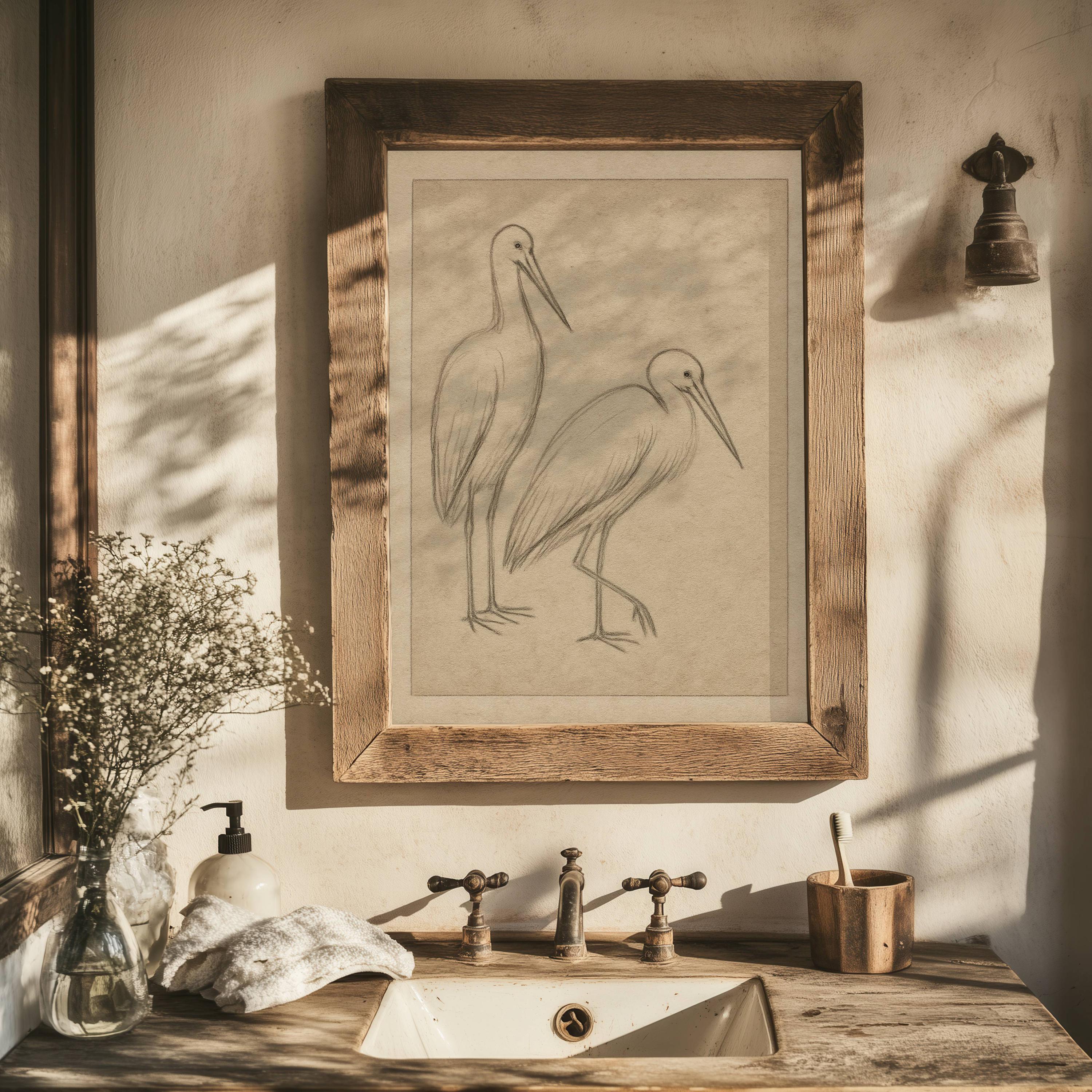 Vintage Stork Printable Wall Art – Minimalist Charcoal Bird Drawing ...