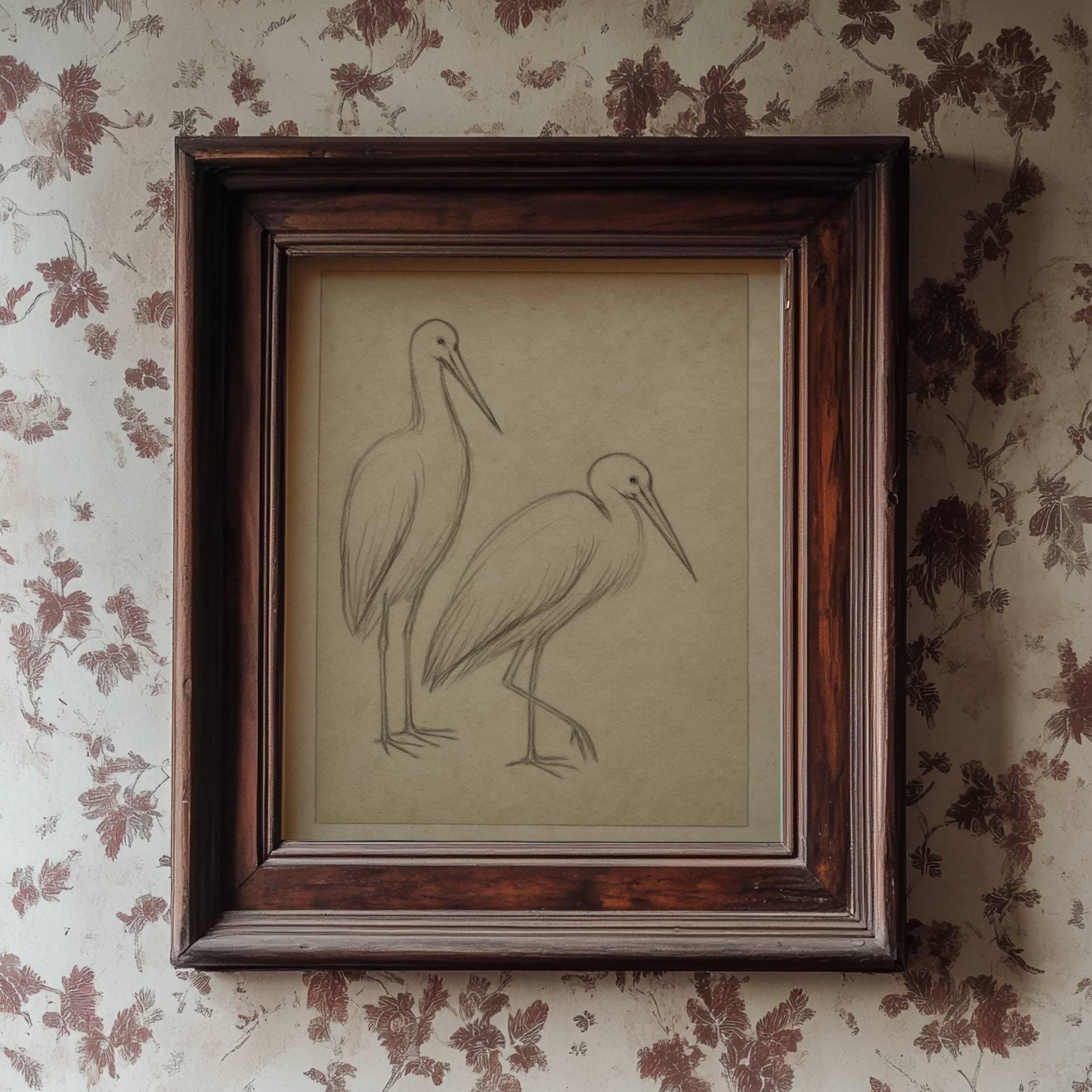 Vintage Stork Printable Wall Art – Minimalist Charcoal Bird Drawing ...