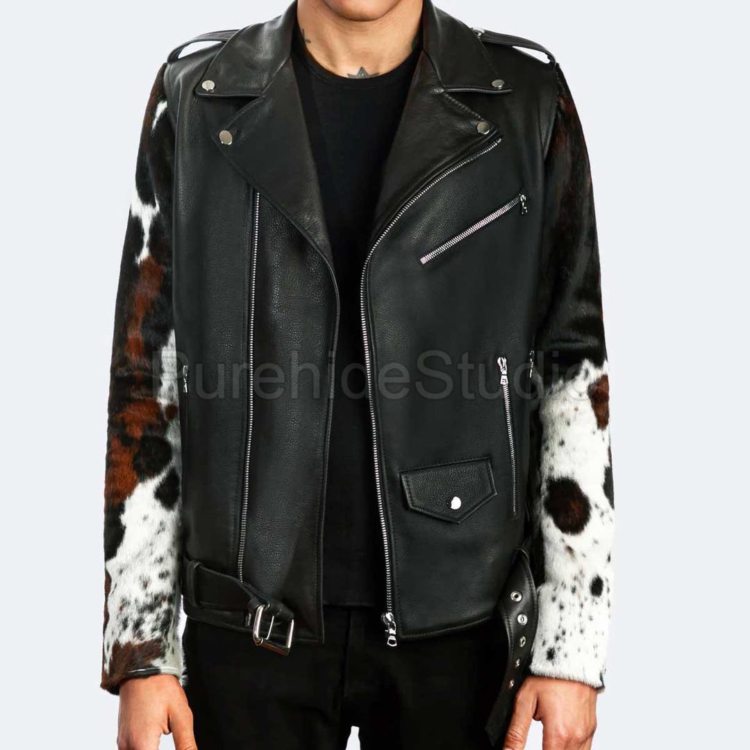 Men’s Cowhide Hair Leather Biker Jacket, Genuine Cow Fur and Black ...