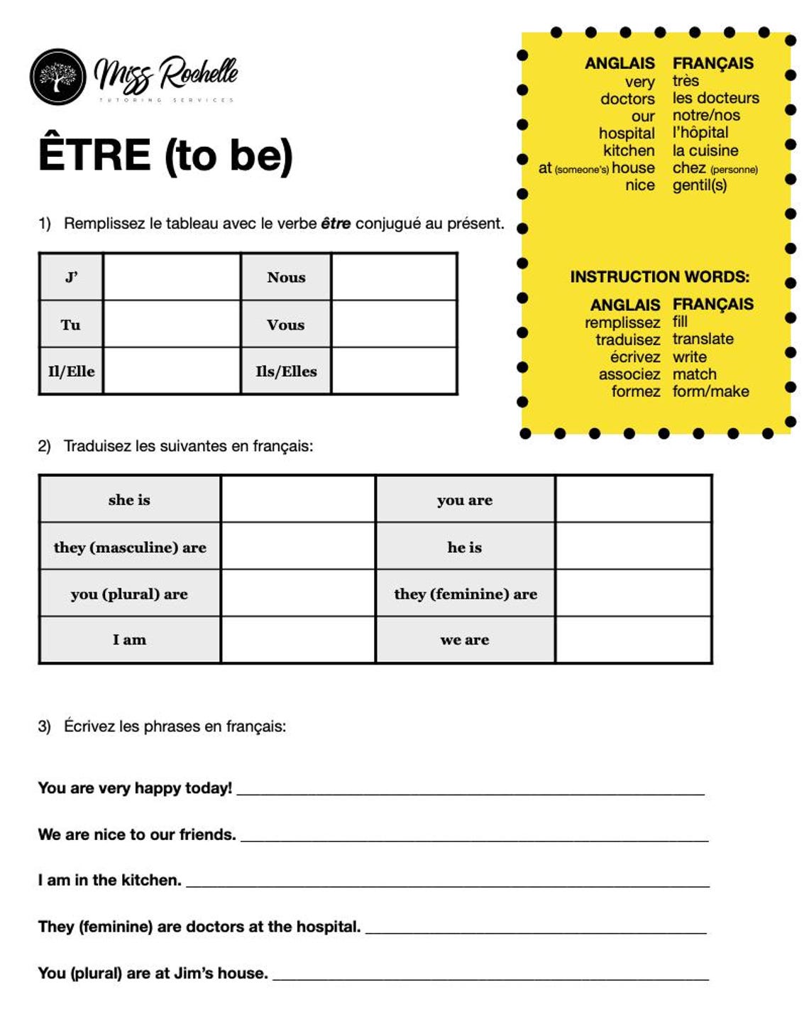 ÊTRE Au Présent - French Practice Worksheet (a) - Etsy