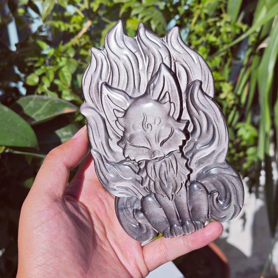 Hand Carved Crystal Kyuubi Kitsune Sculpture: Silver Obsidian Gumiho ...