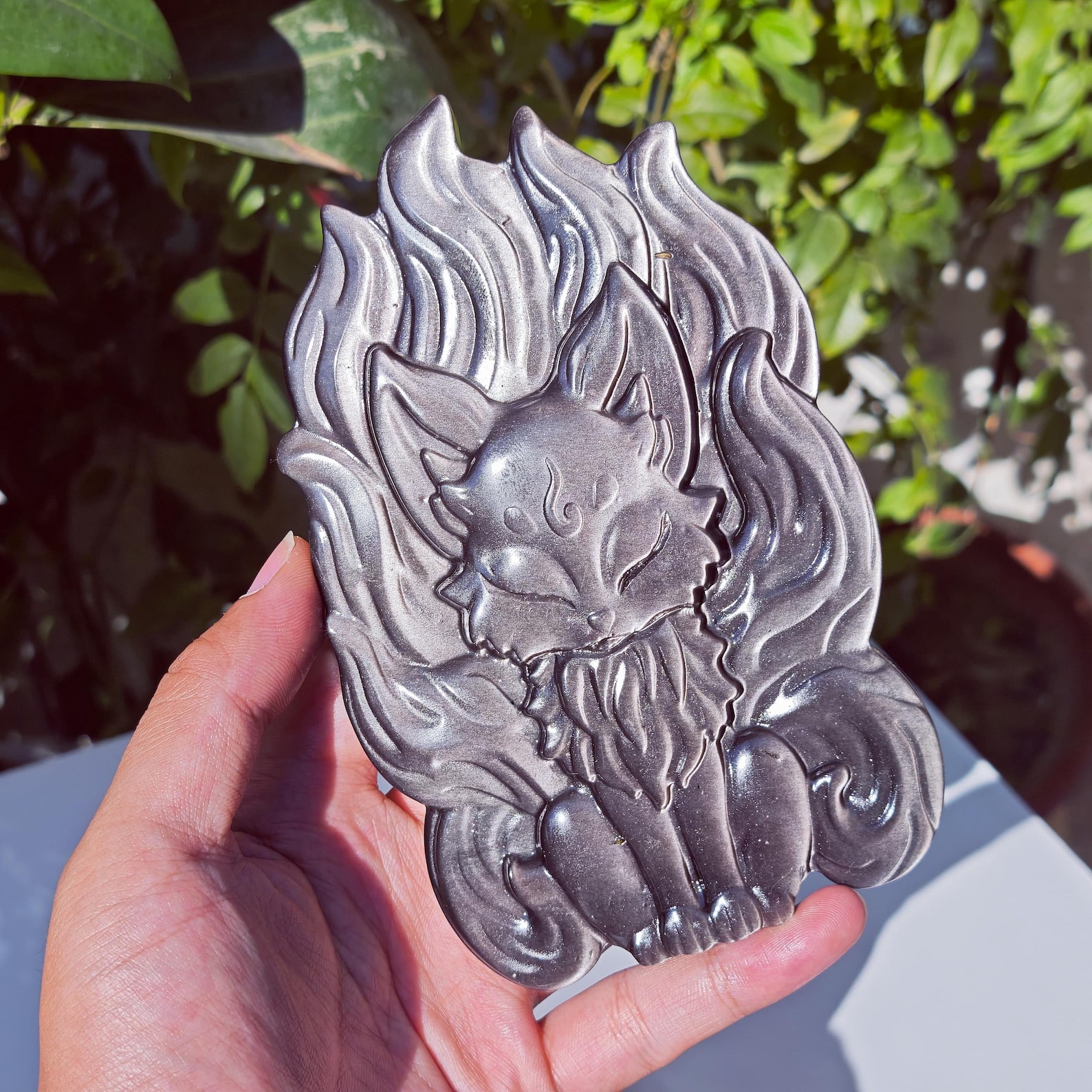 Hand Carved Crystal Kyuubi Kitsune Sculpture: Silver Obsidian Gumiho ...