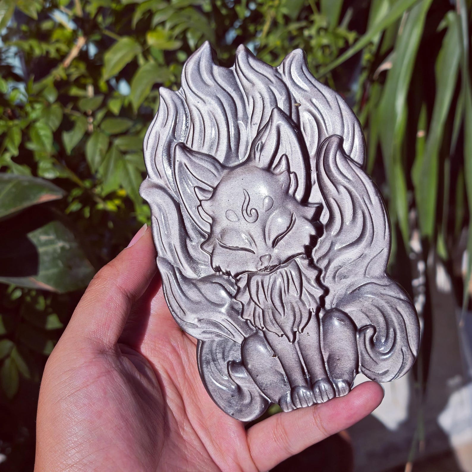 Hand Carved Crystal Kyuubi Kitsune Sculpture: Silver Obsidian Gumiho ...