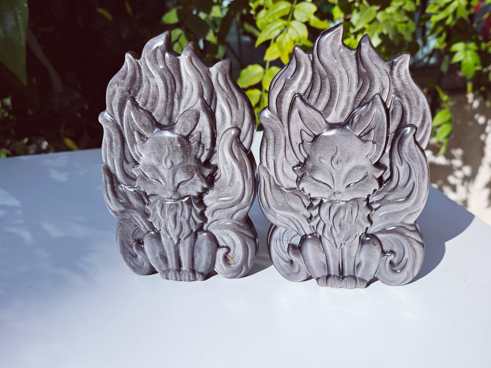 Hand Carved Crystal Kyuubi Kitsune Sculpture: Silver Obsidian Gumiho ...