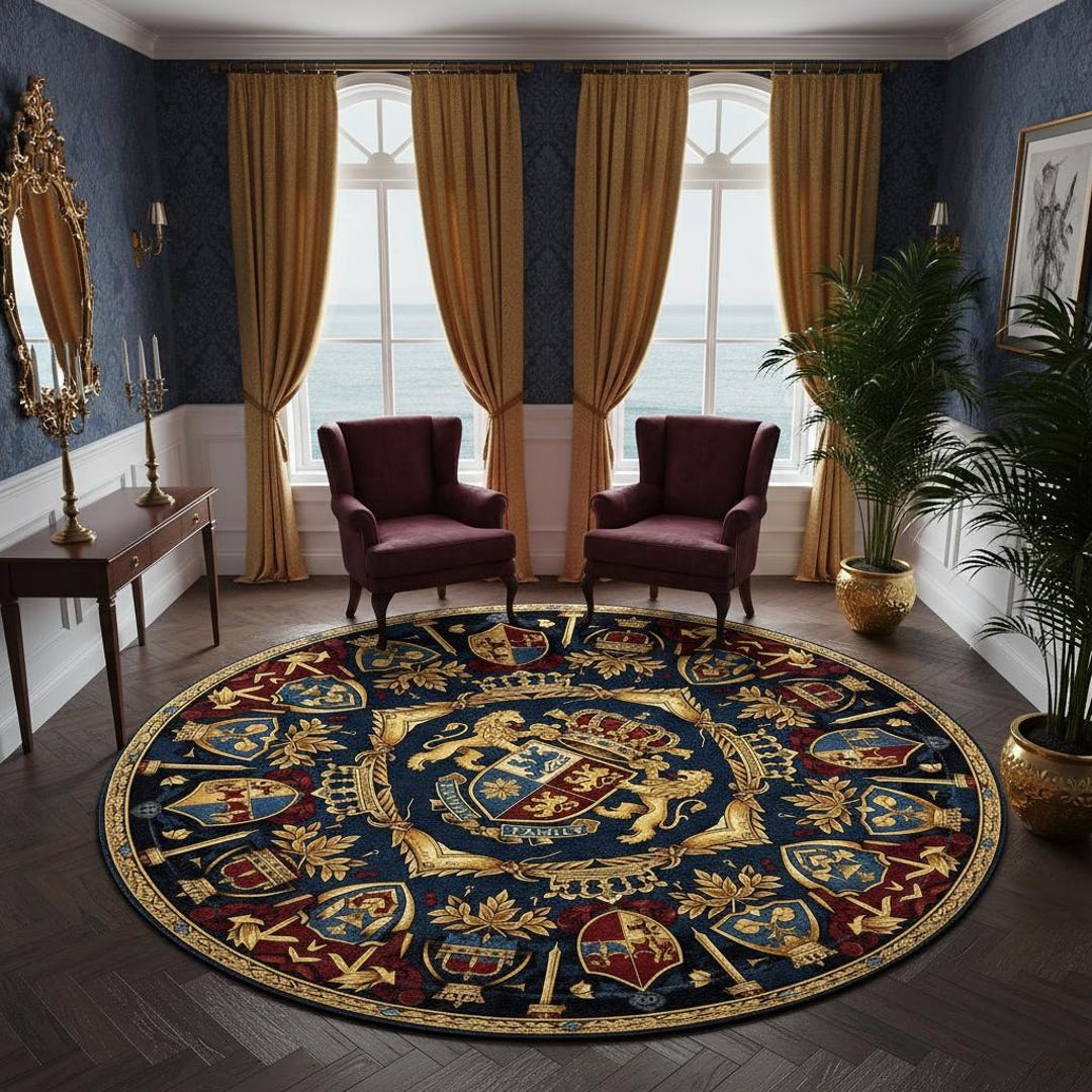 Royal Crest Rug Round | Medieval Family Emblem Luxury Carpet Design - Etsy