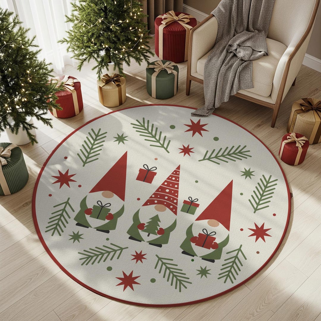 Christmas Round Rug – Scandinavian Gnome Design, Minimalist Festive ...