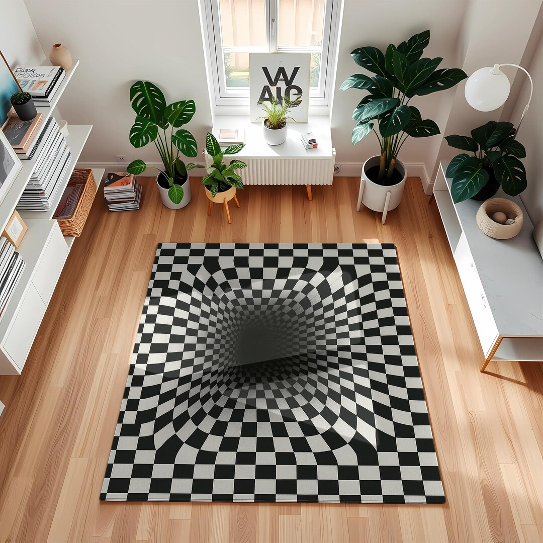 Black White 3D Optical Illusion Checkered Hole Rug Modern Trippy Decor ...