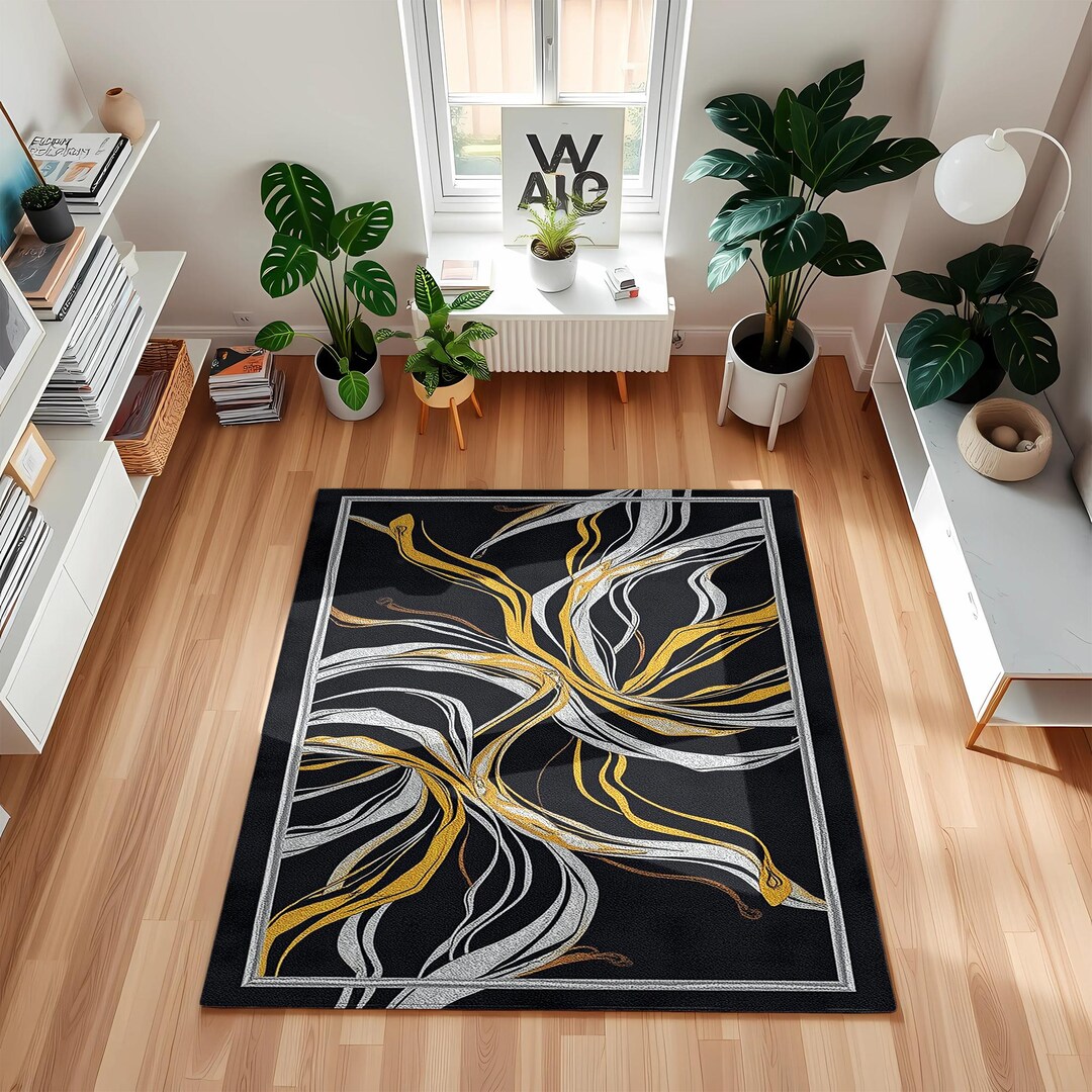 Abstract Black Swirl Area Rug: Modern Gold & White Floor Decor - Etsy