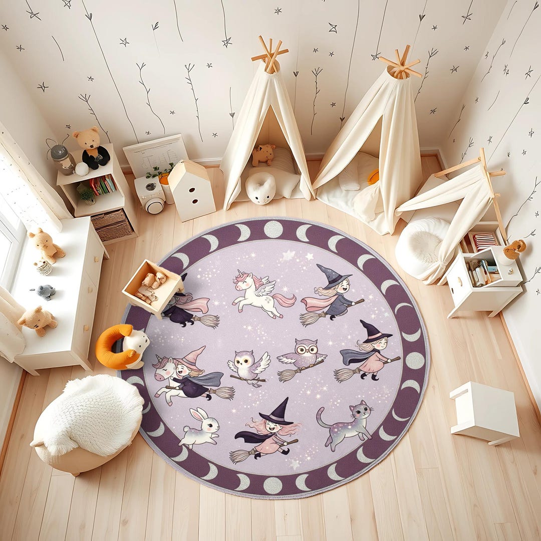 Whimsical Witch Kids Rug: Halloween Nursery Decor With Unicorn & Owls ...