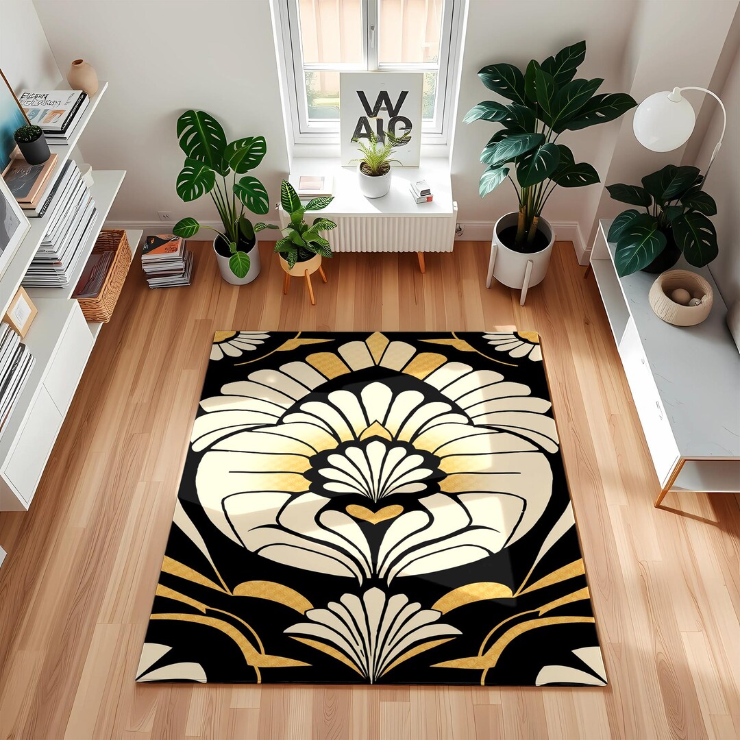Art Deco Black and Gold Rug: Geometric Fan Pattern, Vintage Glam - Etsy