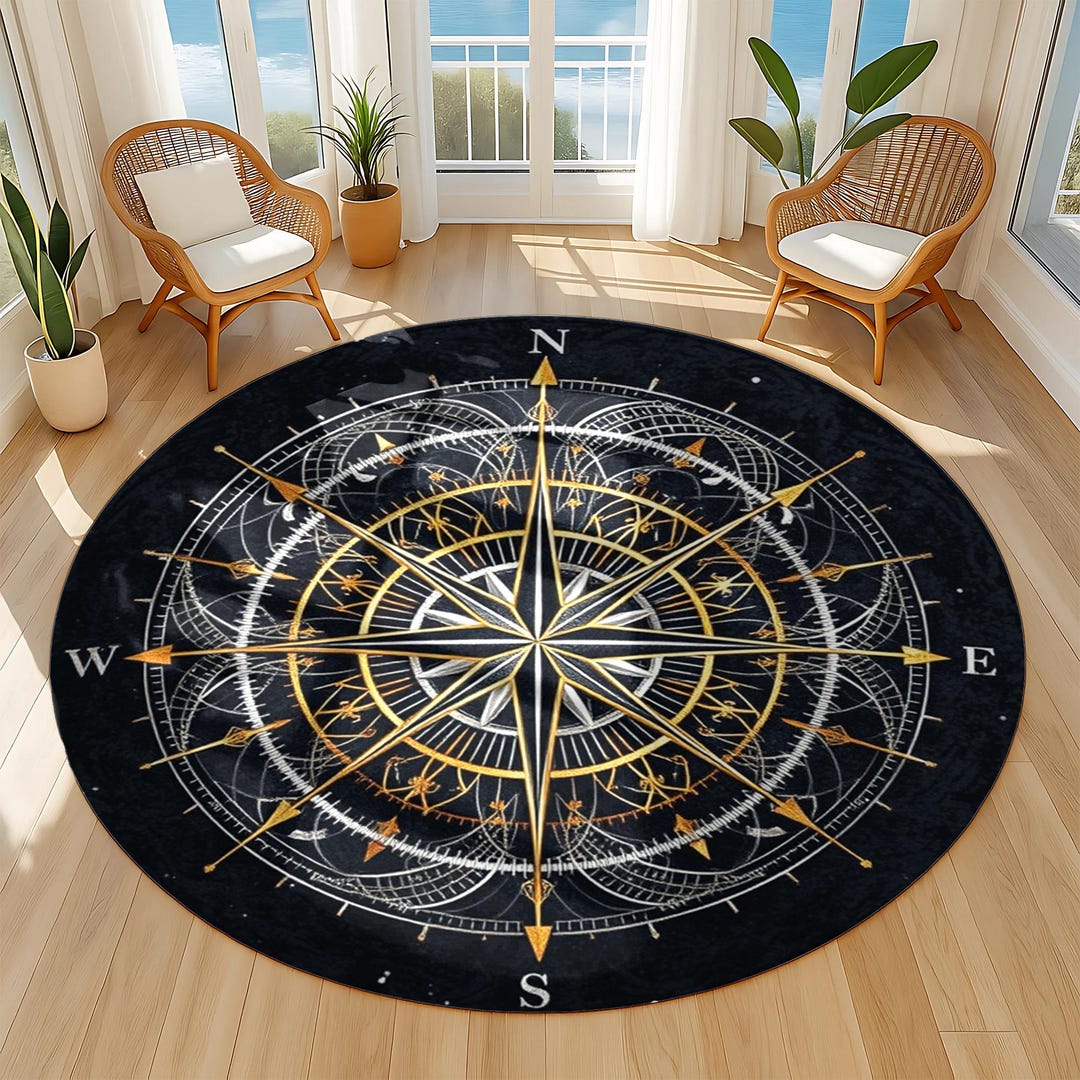 Nautical Compass Round Rug: Black & Gold Vintage Style Floor Mat - Etsy
