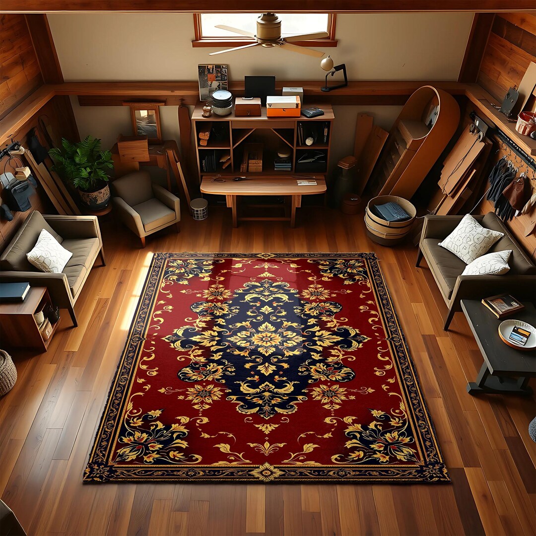 Traditional Medallion Area Rug: Red, Navy & Gold Floral, Vintage Style ...