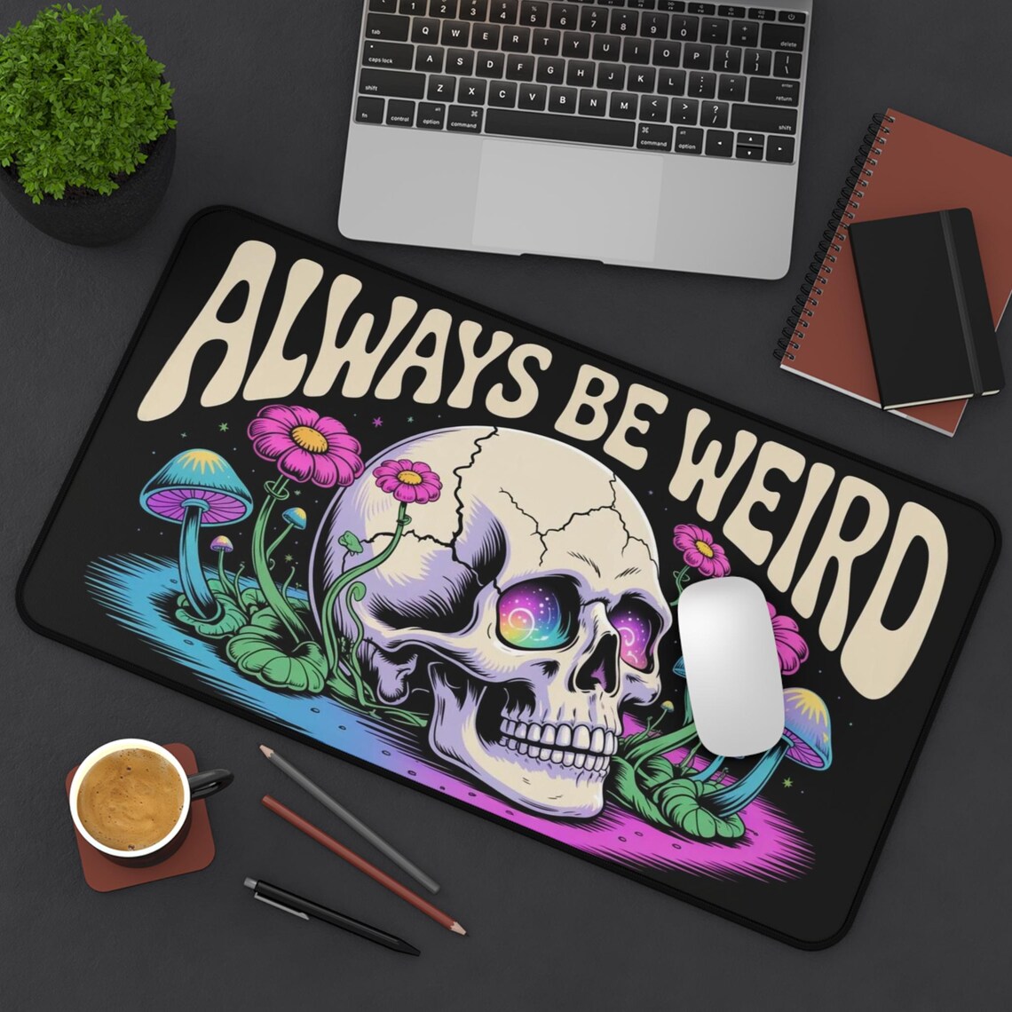 Always Be Weird Desk Mat, Colorful Skull & Flowers, Office Decor, Gamer ...
