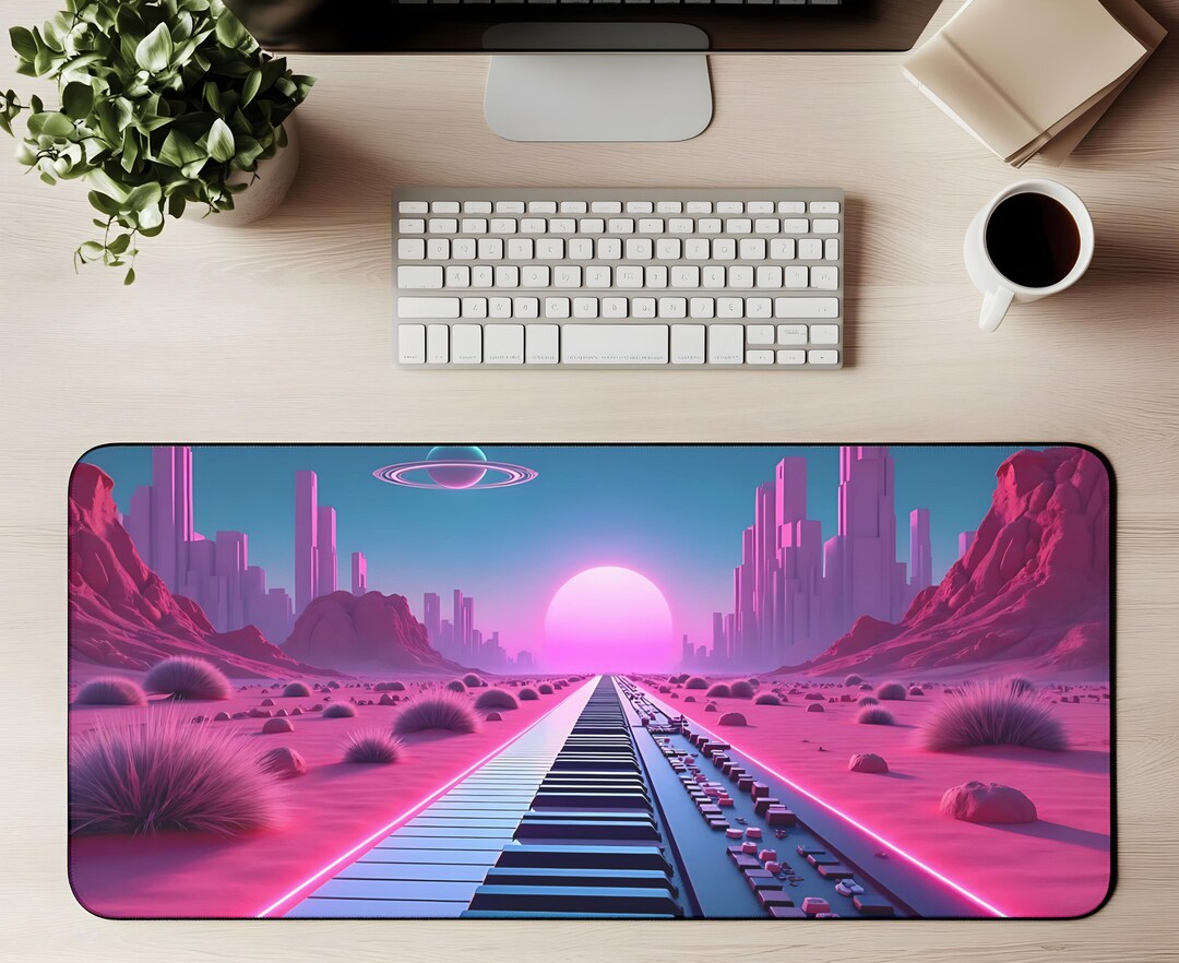 Retro Synthwave Piano Keyboard Desk Mat | Vaporwave Landscape Mouse Pad ...