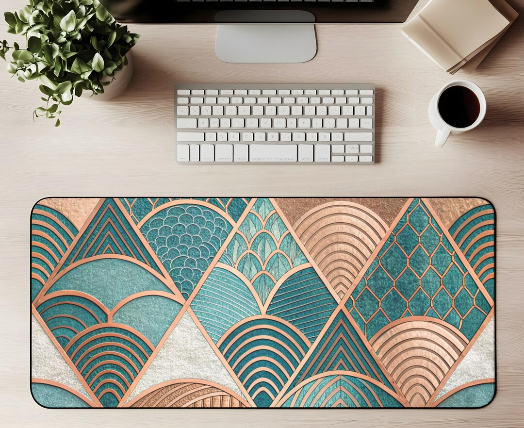 Art Deco Desk Mat Geometric Teal Copper Gold Mouse Pad Large Gaming Mat ...
